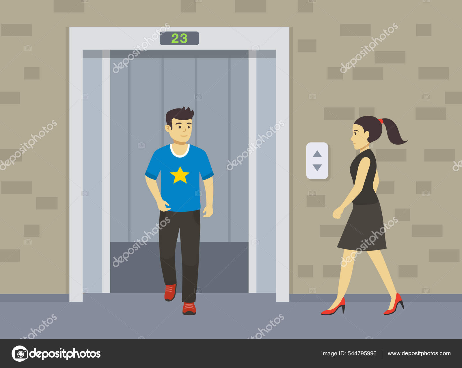 Elevator Open Doors Young Man Going Out Lift Flat Vector Stock ...