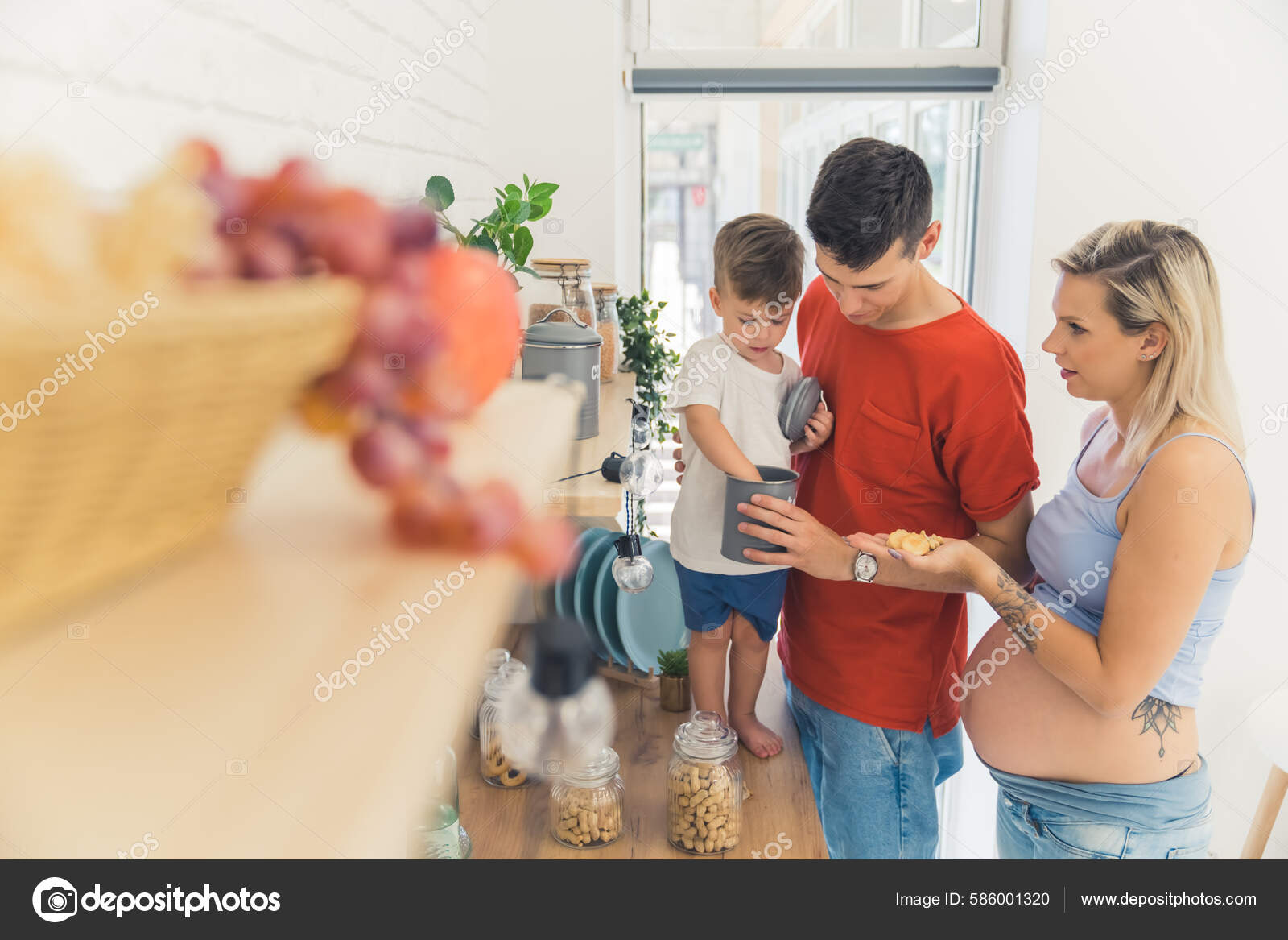 Little Boy Checking Things Kitchen His Parents Family Concept High ...