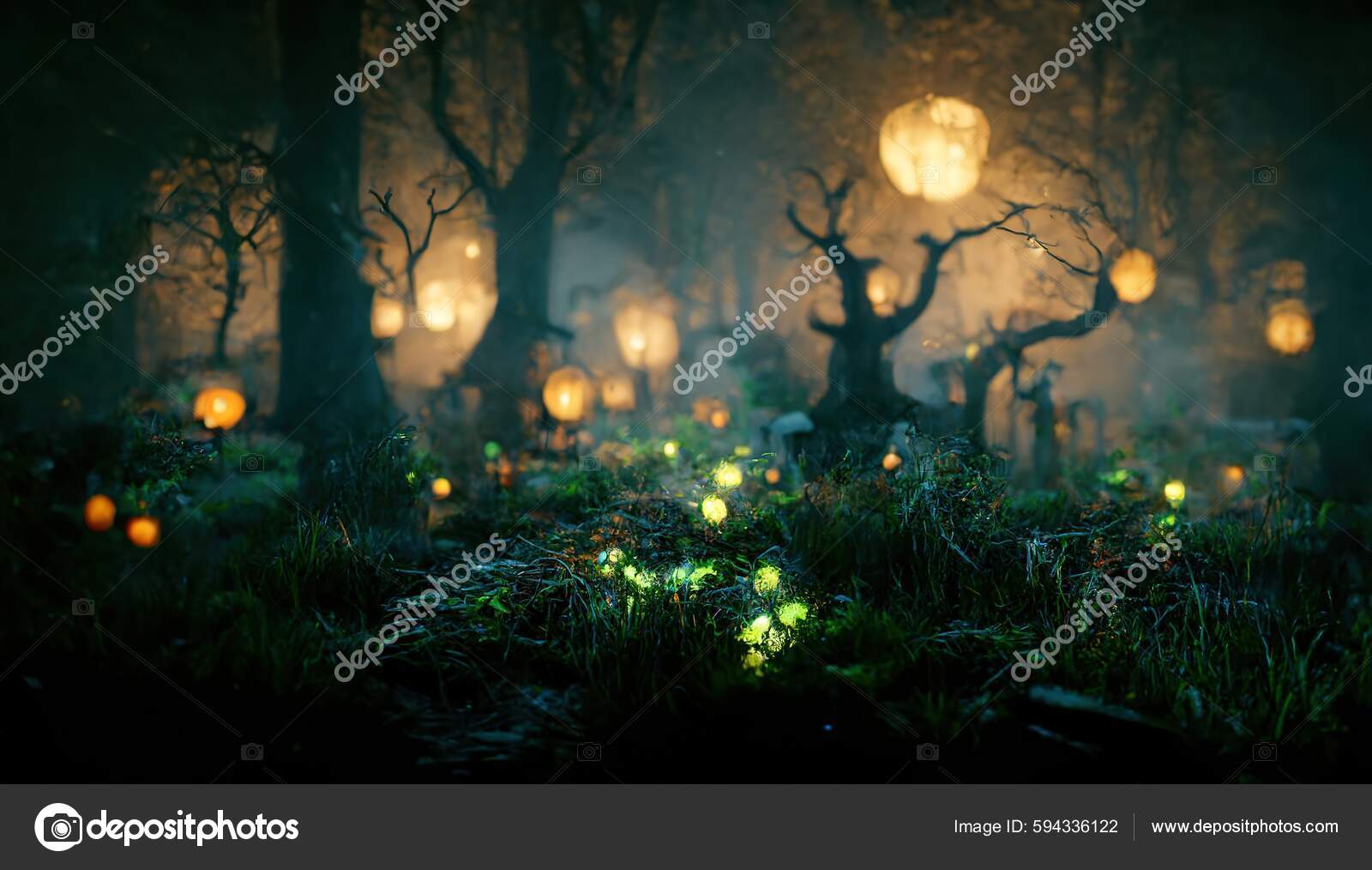 Realistic Haunted Forest Creepy Landscape Night Fantasy Halloween ...