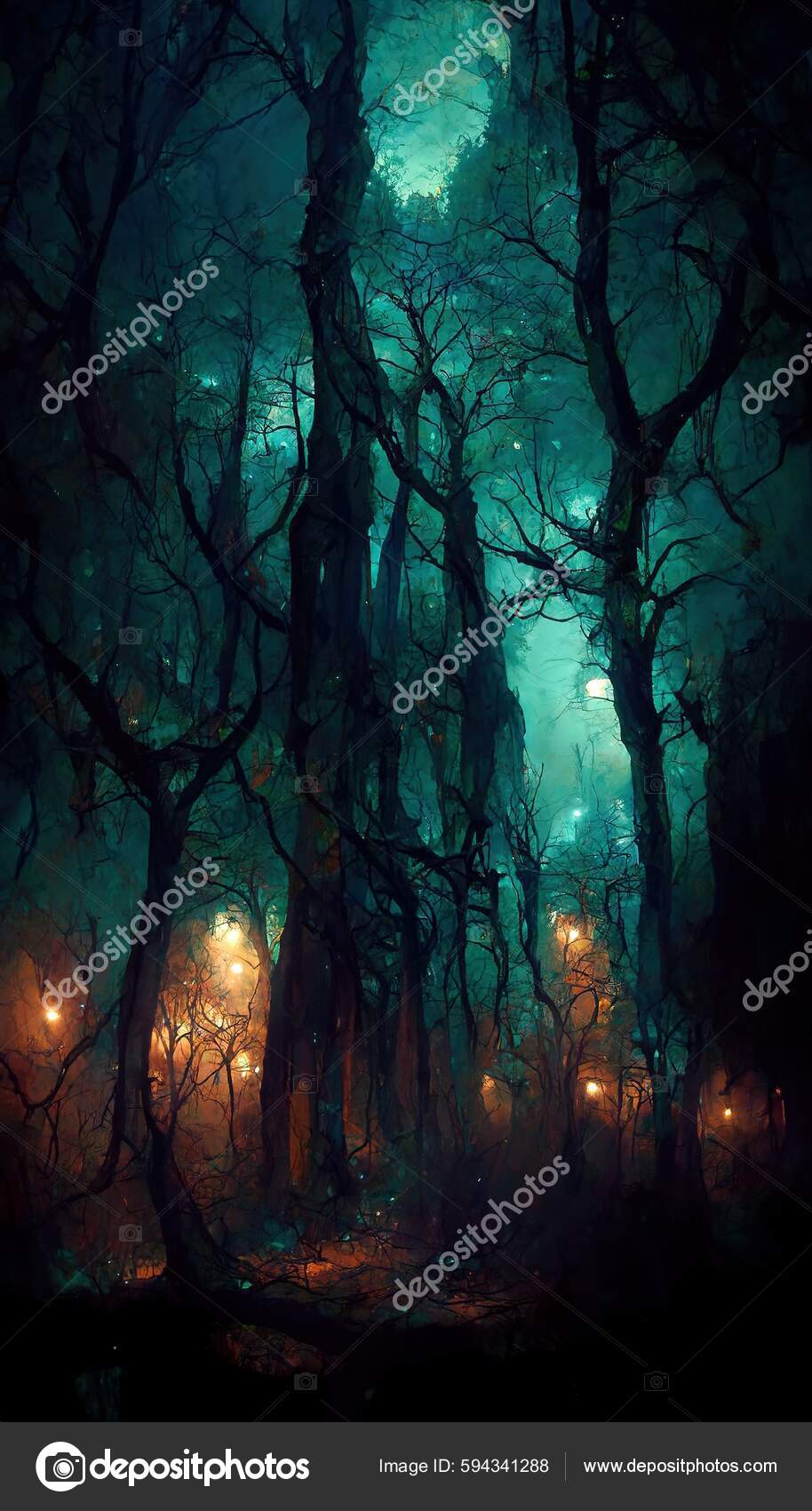 Realistic Haunted Forest Creepy Landscape Night Fantasy Halloween ...