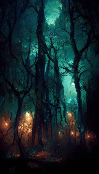 Realistic haunted forest creepy landscape at night. Fantasy Halloween ...