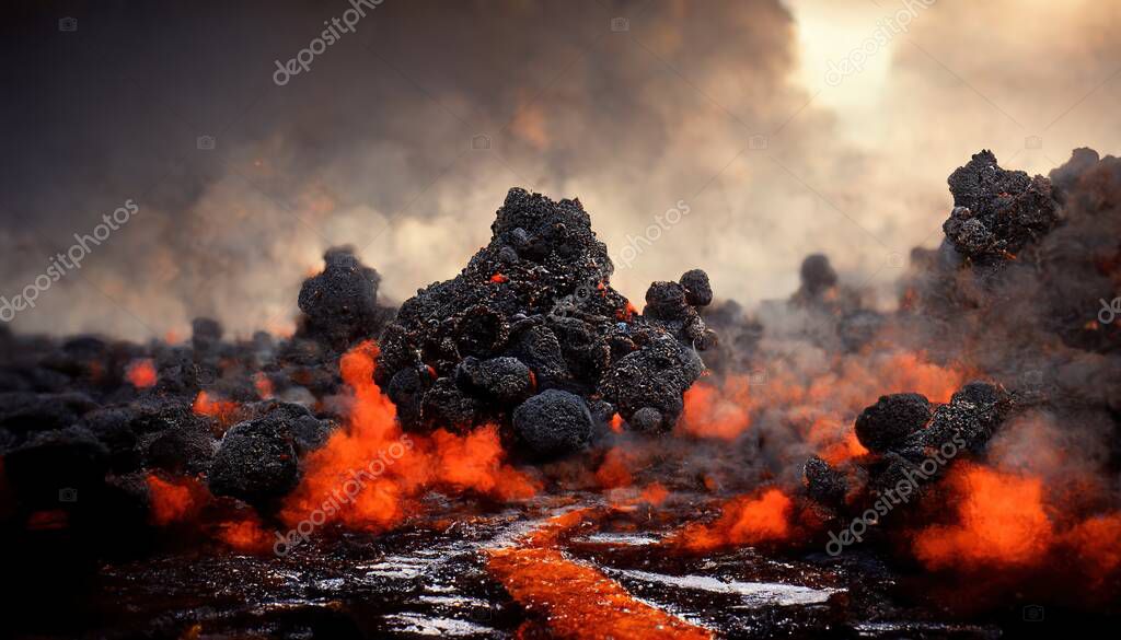 Apocalyptic volcanic landscape with hot flowing lava and smoke and ash ...