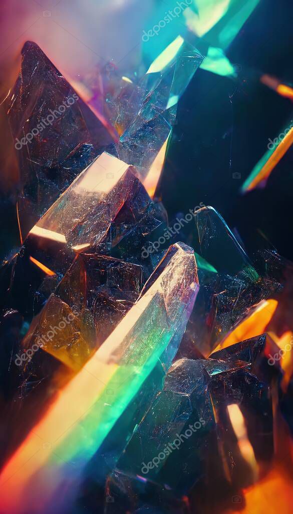 Shiny glass crystals and prisms with color spectrum rays. Abstract ...