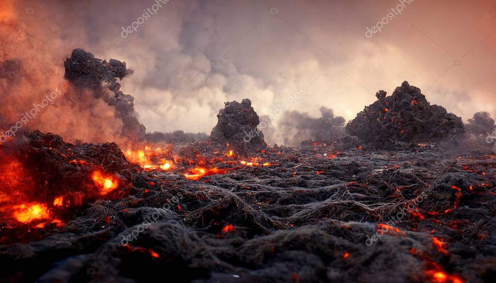 Apocalyptic volcanic landscape with hot flowing lava and smoke and ash ...