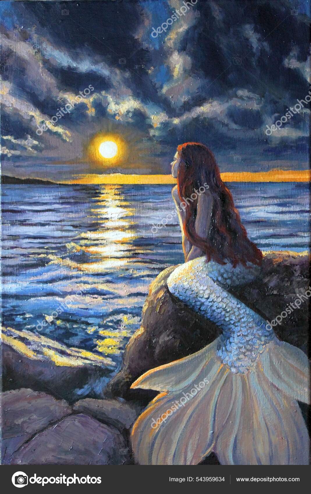 Painting Depicts Beautiful Long Haired Mermaid Who Came Out Sea Stock ...