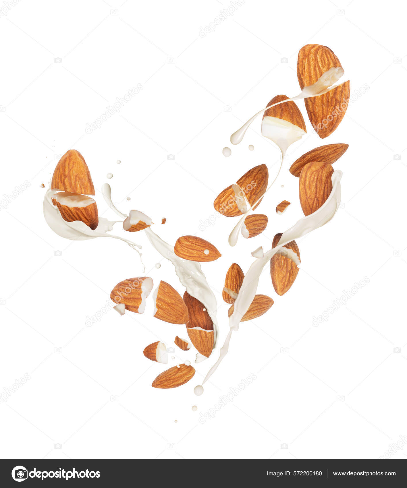 Crushed Dried Almonds Splashes Milk Air Isolated White Background Stock ...