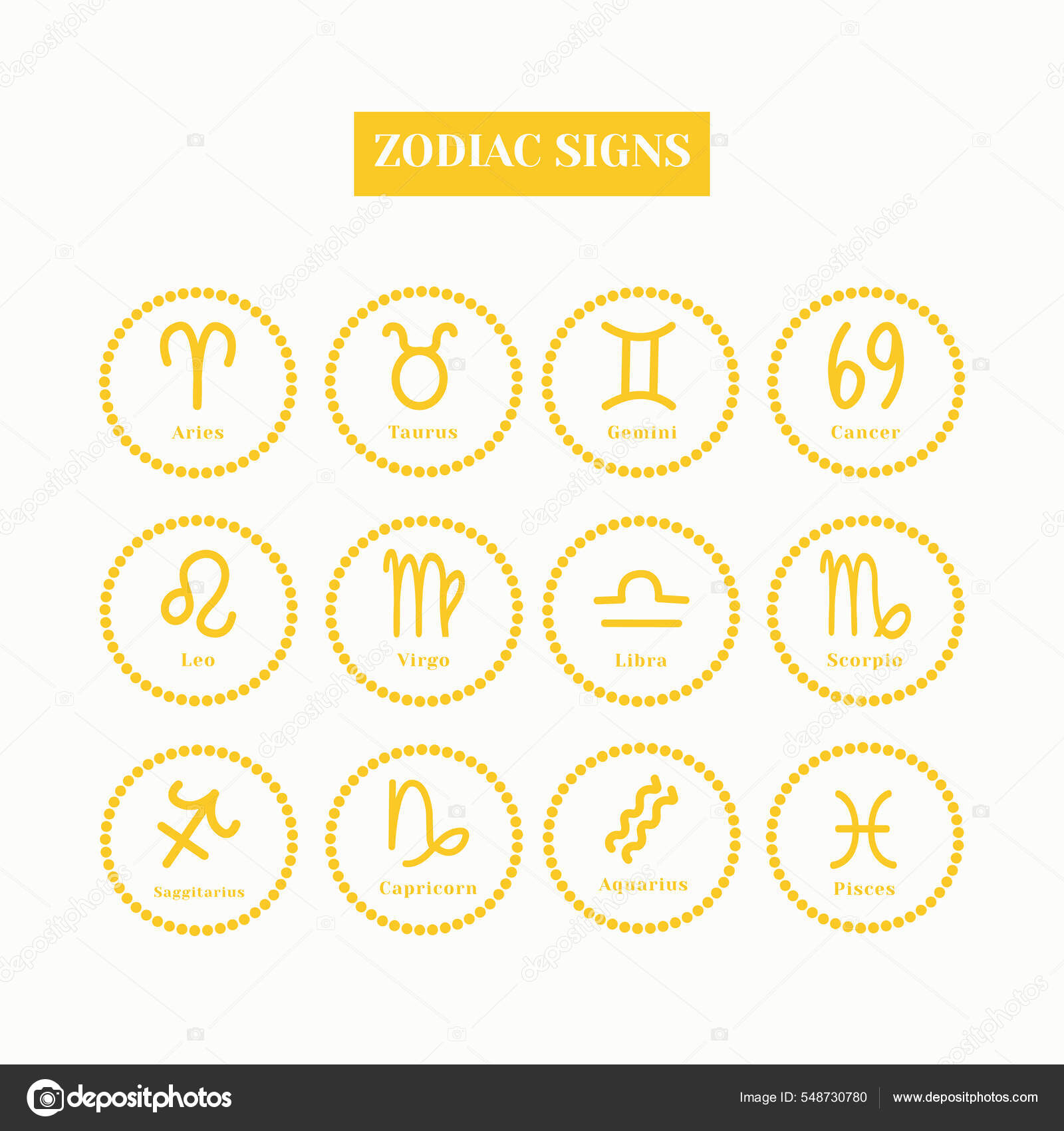 Zodiac signs. A set of black and gold zodiac icons isolated on a white ...