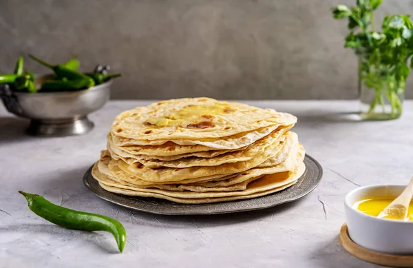 Homemade Indian Flat Bread Chapati Roti Grey Concrete Background Butter ...