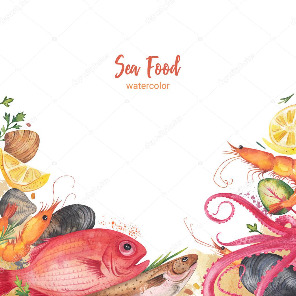 Marco de acuarela hecho de mariscos.Una mano dibuja una ilustración ...