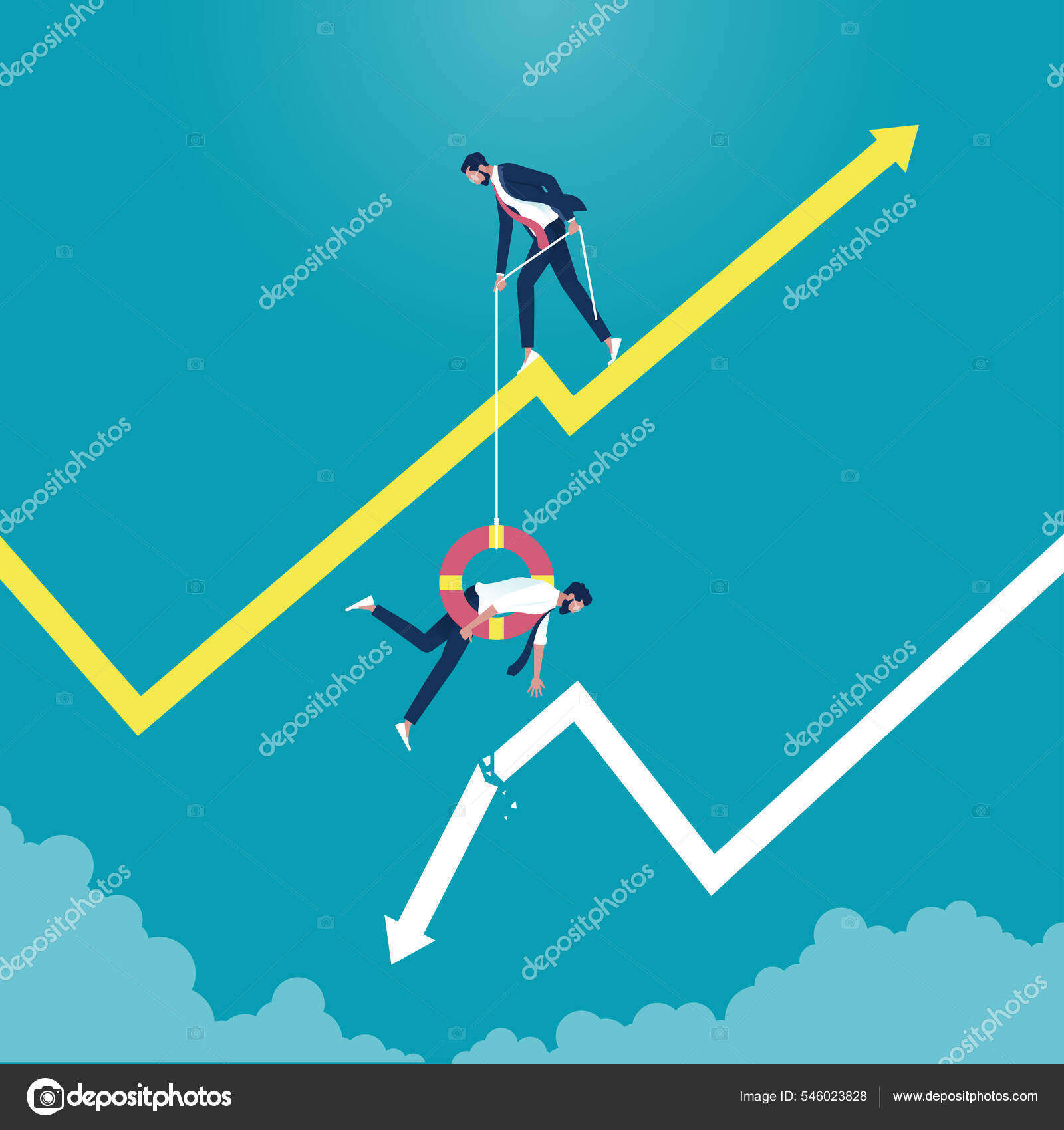 Businessman Rescues Partner Falling Chart Lifebuoy Decreasing Income ...