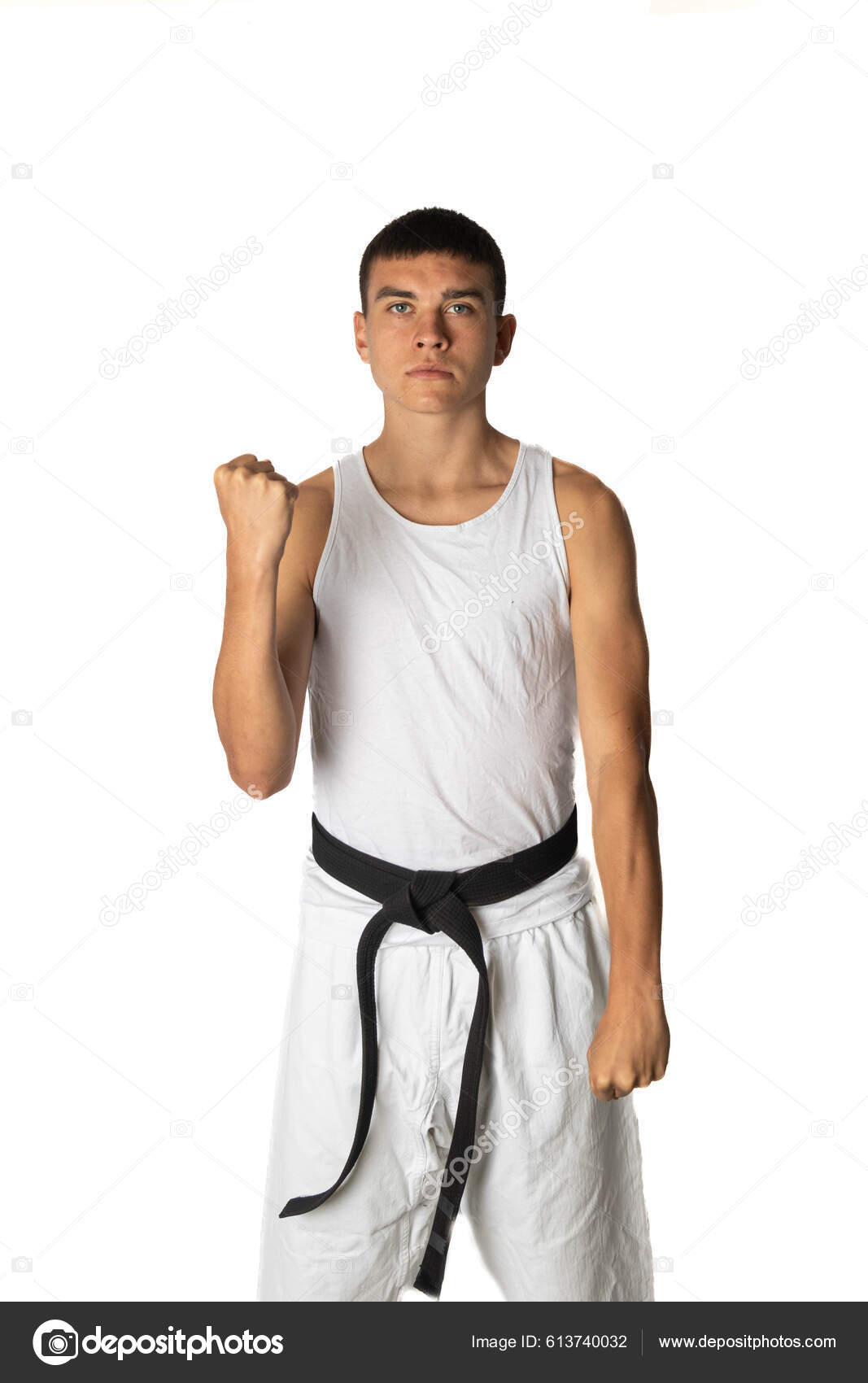 Year Old Teenage Boy Practacing Karate Double Block — Stock Photo ...