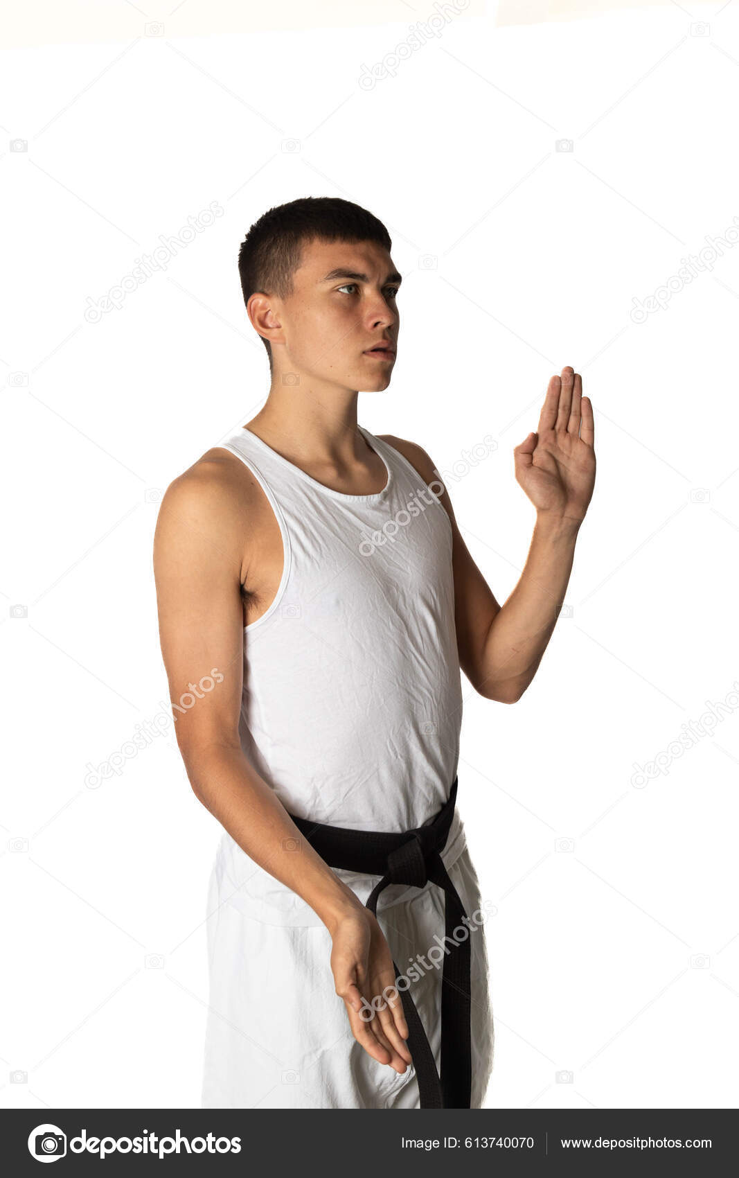 Year Old Teenage Boy Practacing Karate Double Open Hand Block — Stock ...