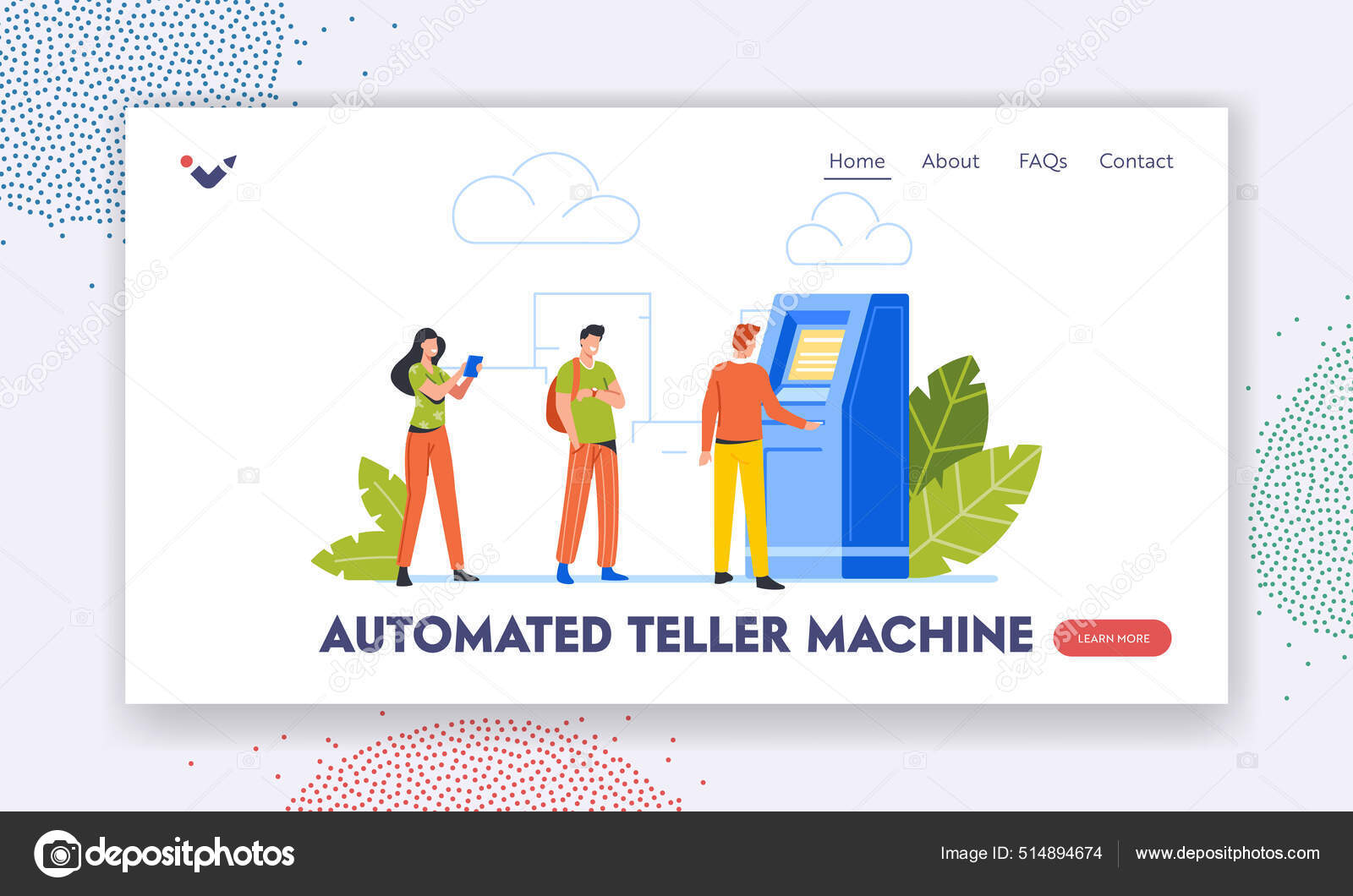 People at Automated Teller Machine Landing Page Template. Atm Banking Services. Male and Female ...