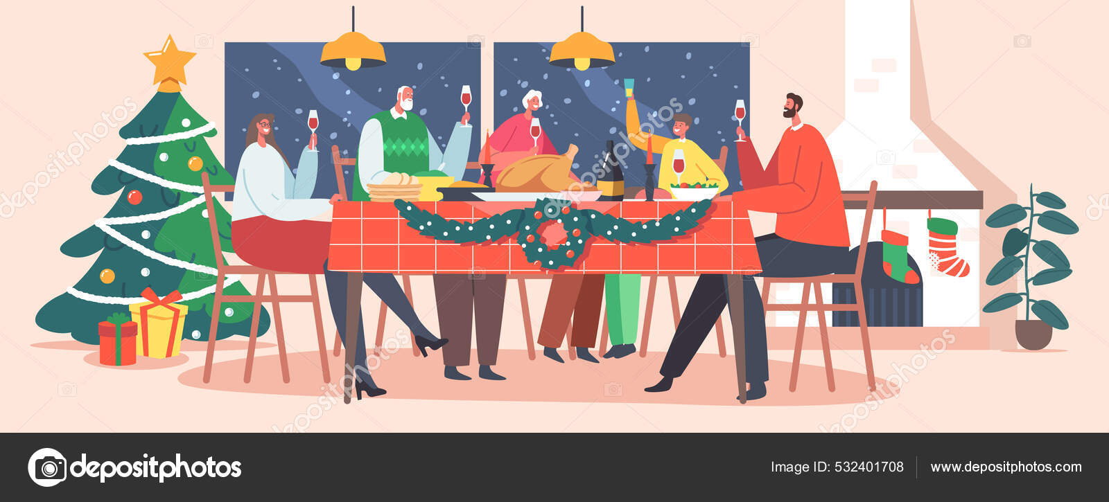 Christmas Dinner. Family Toasting with Red Wine at Xmas Night at Home ...