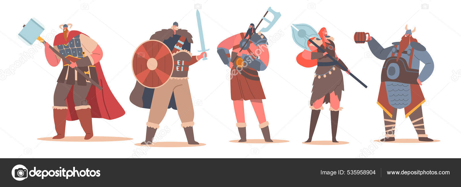 Vikings Male and Female Characters Wearing Skins and Holding Armor Swords, Hammer and Axes ...
