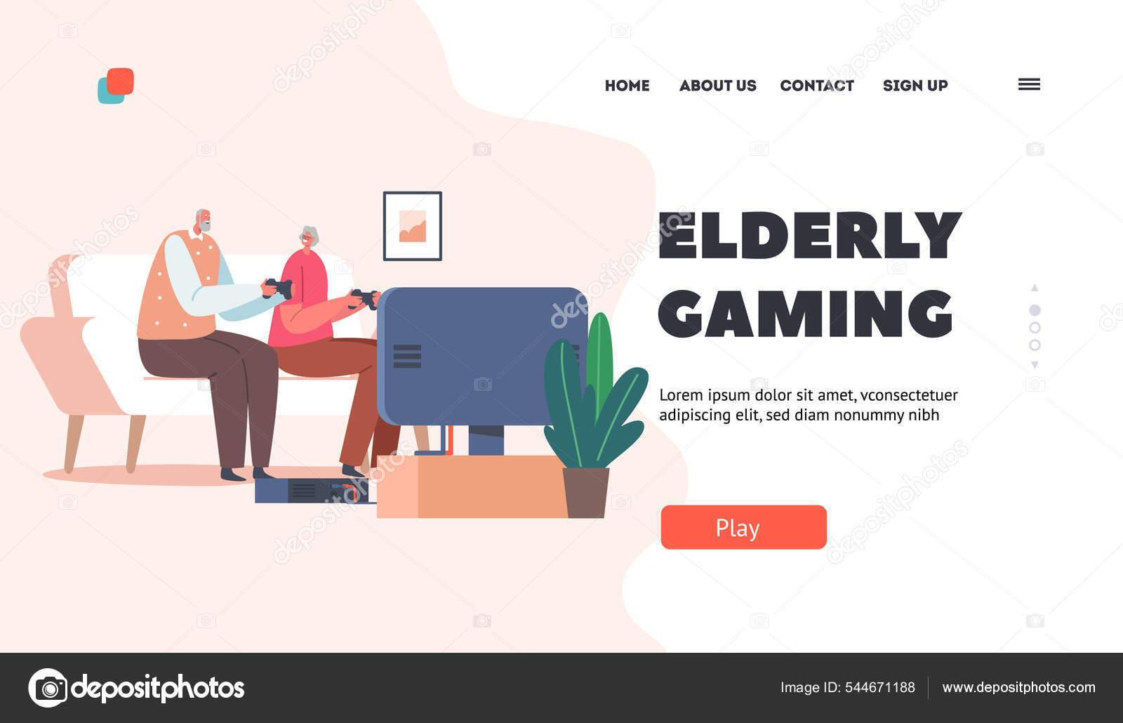 Elderly Gaming Landing Page Template. Couple Characters Playing Video ...