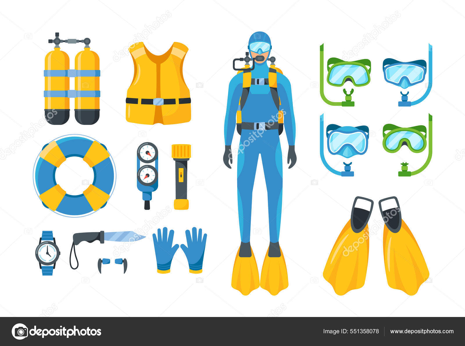 Set of Diving Equipment Snorkeling Masks, Scuba Diver Tools Underwater ...