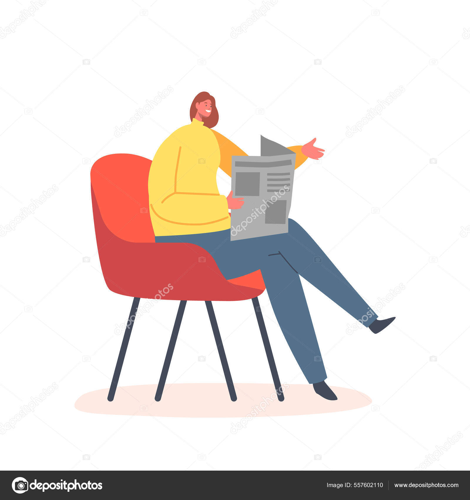 Woman Sitting on Armchair Reading Newspaper Isolated on White ...