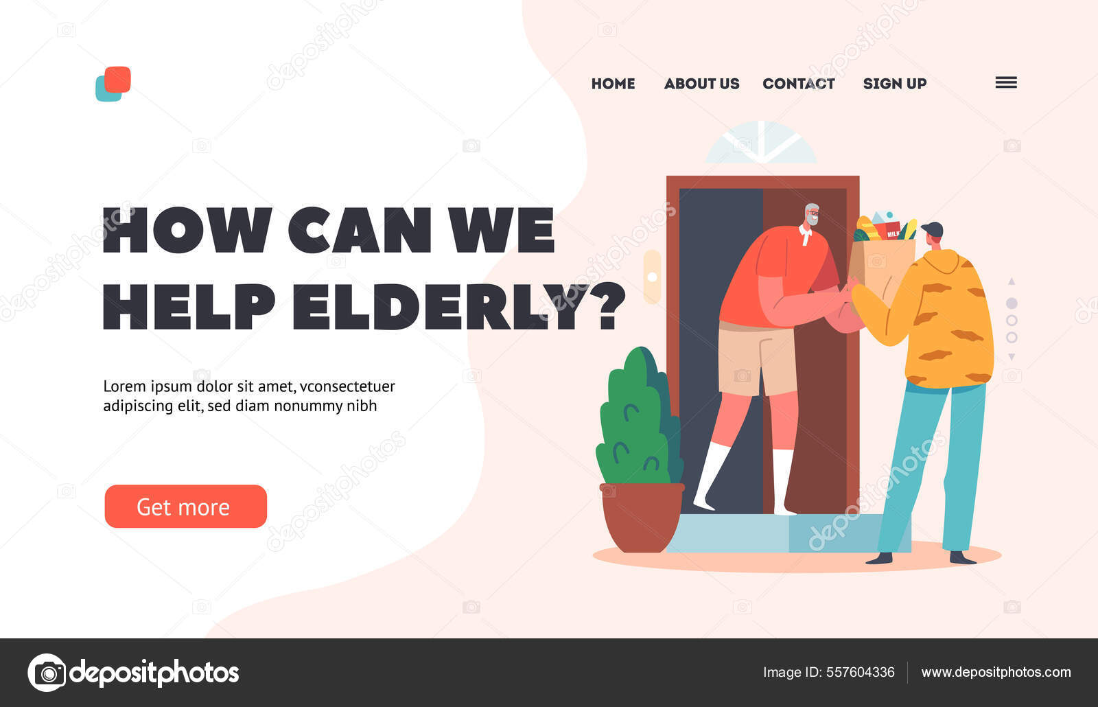 Elderly Help and Support Landing Page Template. Delivery Man, Volunteer ...