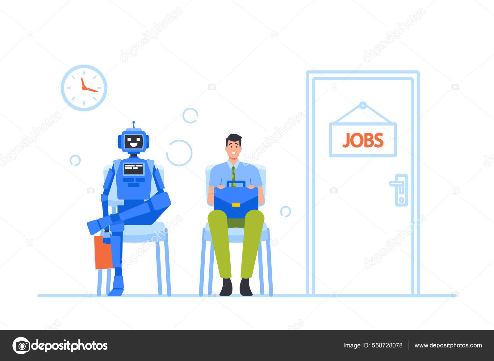 Robot and Businessman Sitting in Lobby Waiting Invitation for Job ...