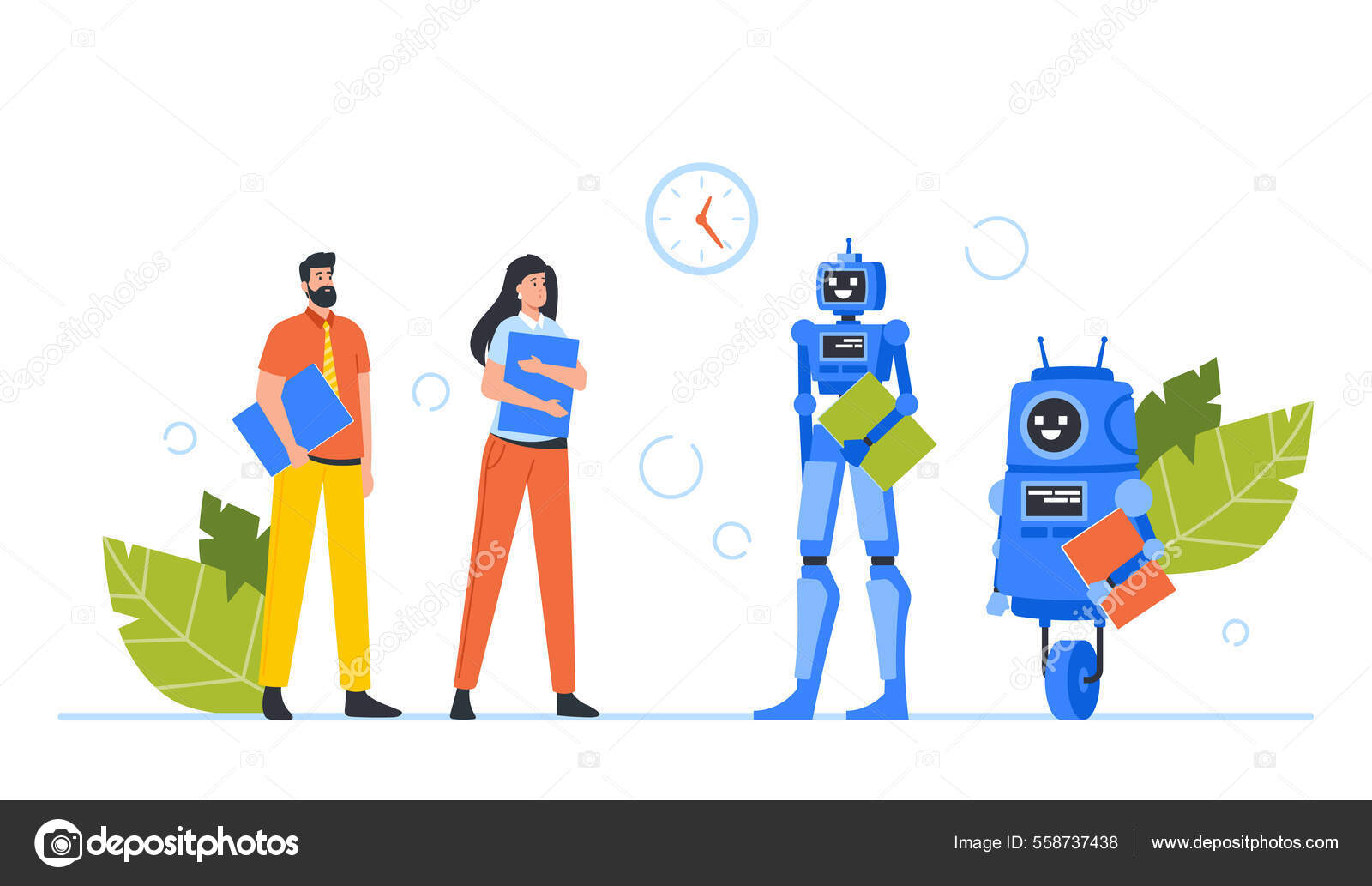Robots and Human Waiting Hiring Interview in Office Hall. Robotization ...