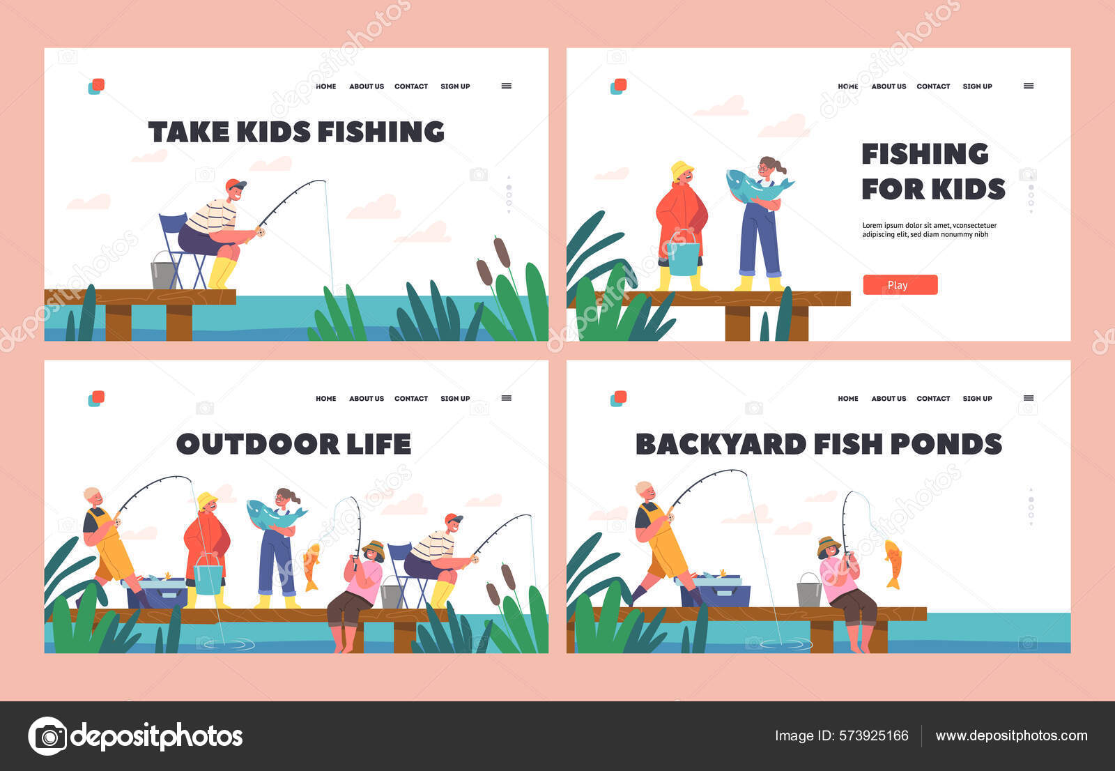 Children Outdoor Life Landing Page Template Set. Little Fishermen ...