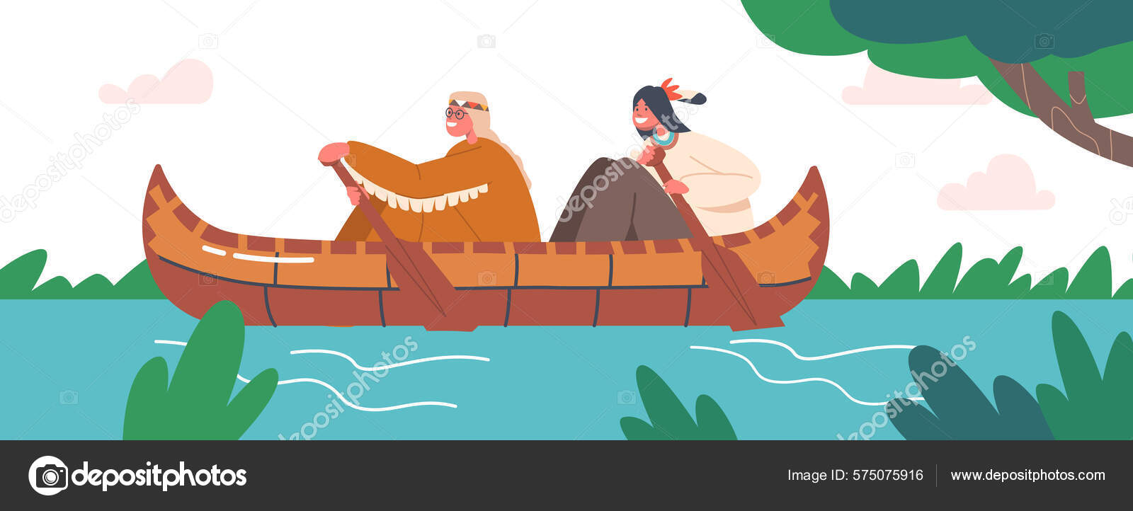 Happy Indigenous Indian American Kids Rowing Kayak Canoe River Native ...