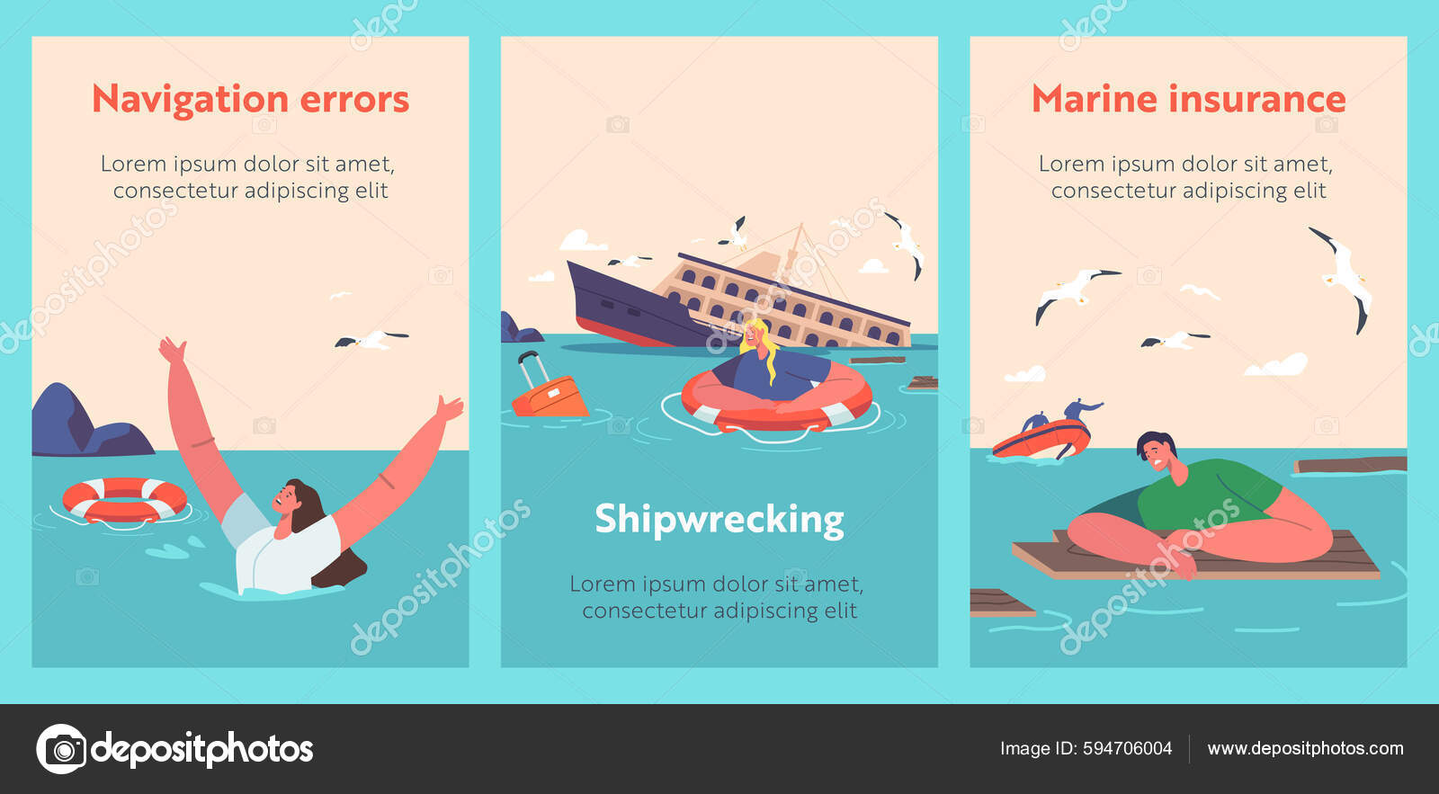 Shipwreck Cartoon Banners Shocked People Try Survive Ocean Sinking Ship