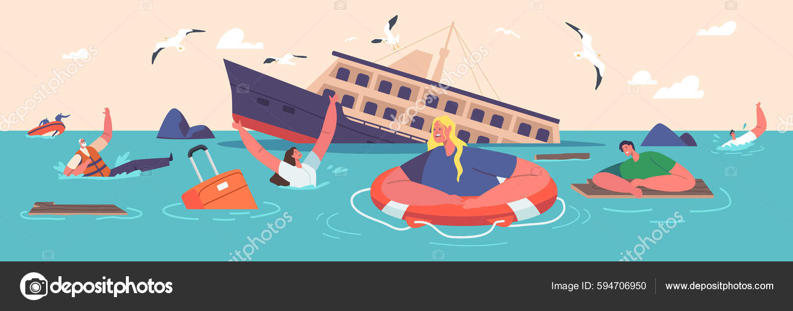 Shipwreck Concept Shocked People Trying Survive Ocean Sinking Ship
