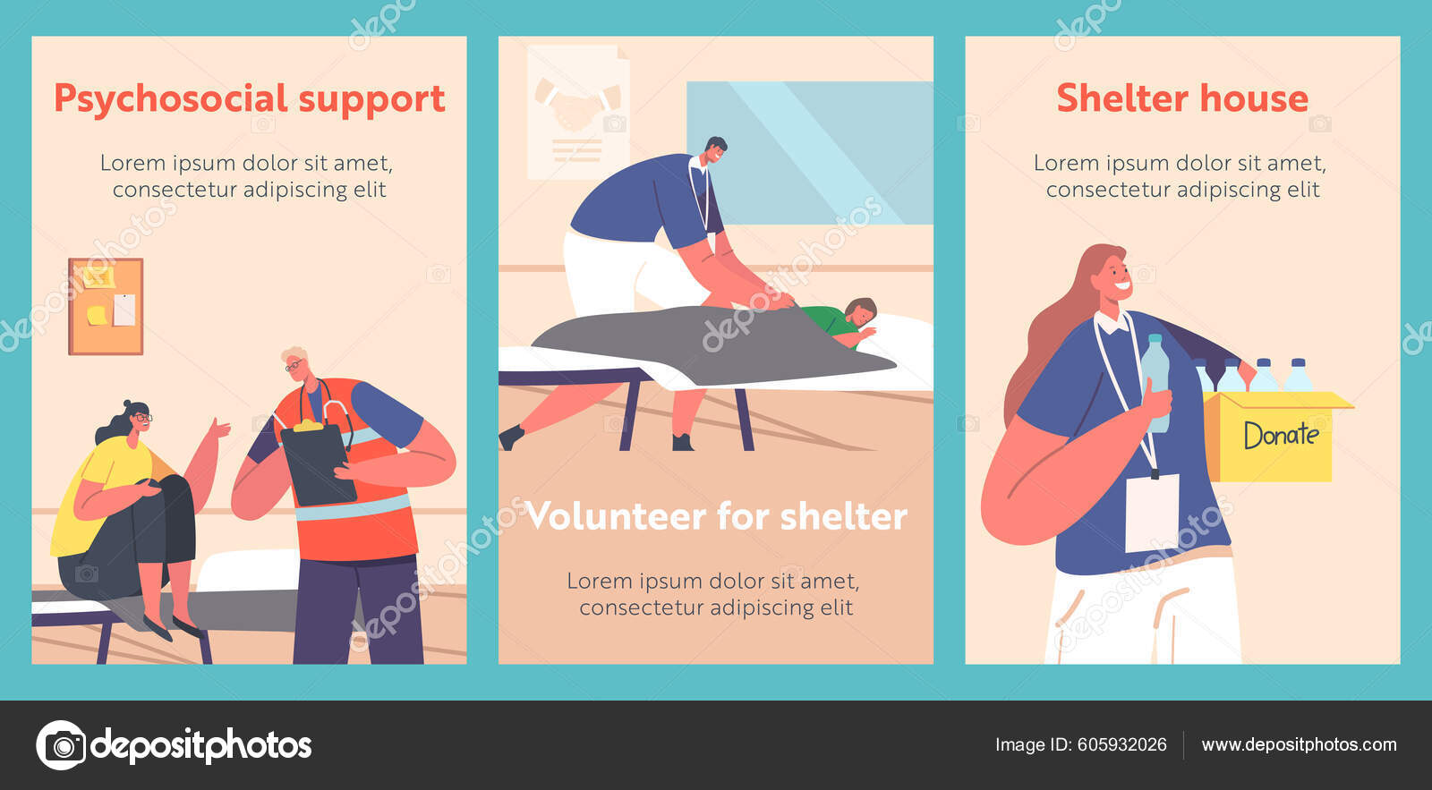 Volunteers Help Refugees Shelter Cartoon Banners Psychosocial Support ...