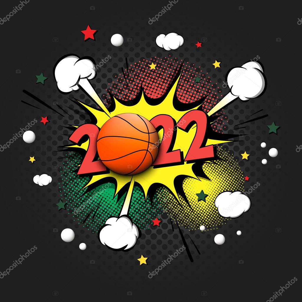 Números de Año Nuevo 2022 y pelota de baloncesto en estilo pop art ...