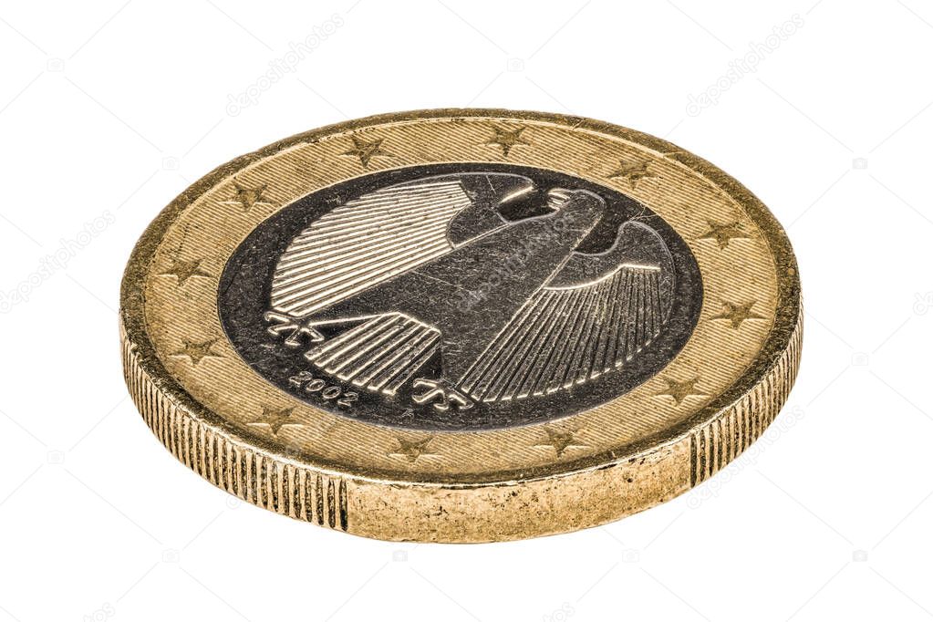 Moneda de un euro con el águila alemana como símbolo como imagen macro ...