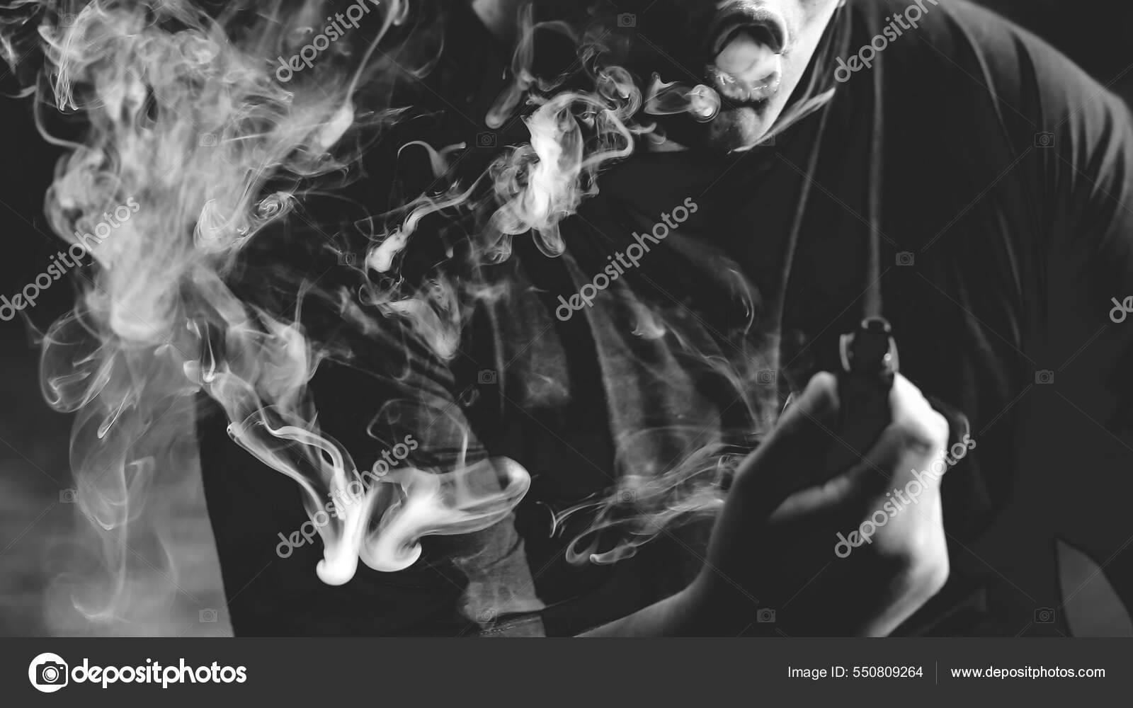 Close Man Spewing Smoke His Mouth Electronic Cigarette Hand Black ...