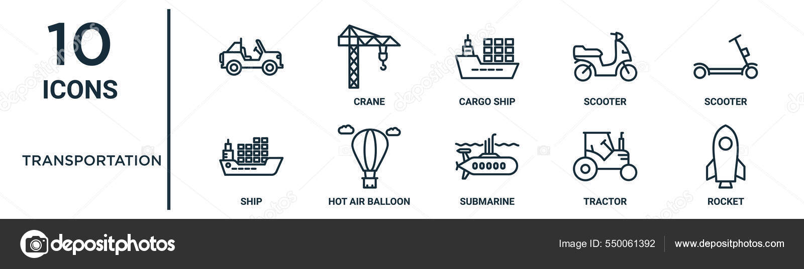 Transportation Outline Icon Set Includes Thin Line Cargo Ship Scooter ...