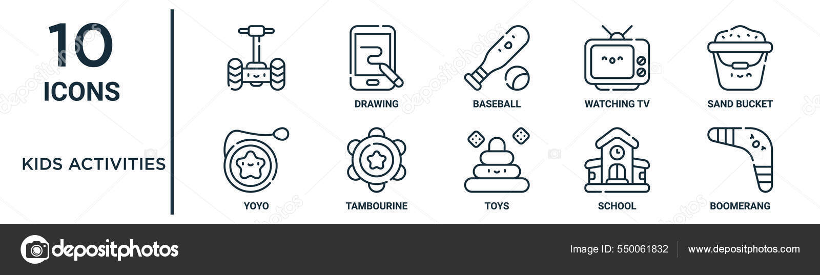 Kids Activities Outline Icon Set Includes Thin Line Baseball Sand Stock ...