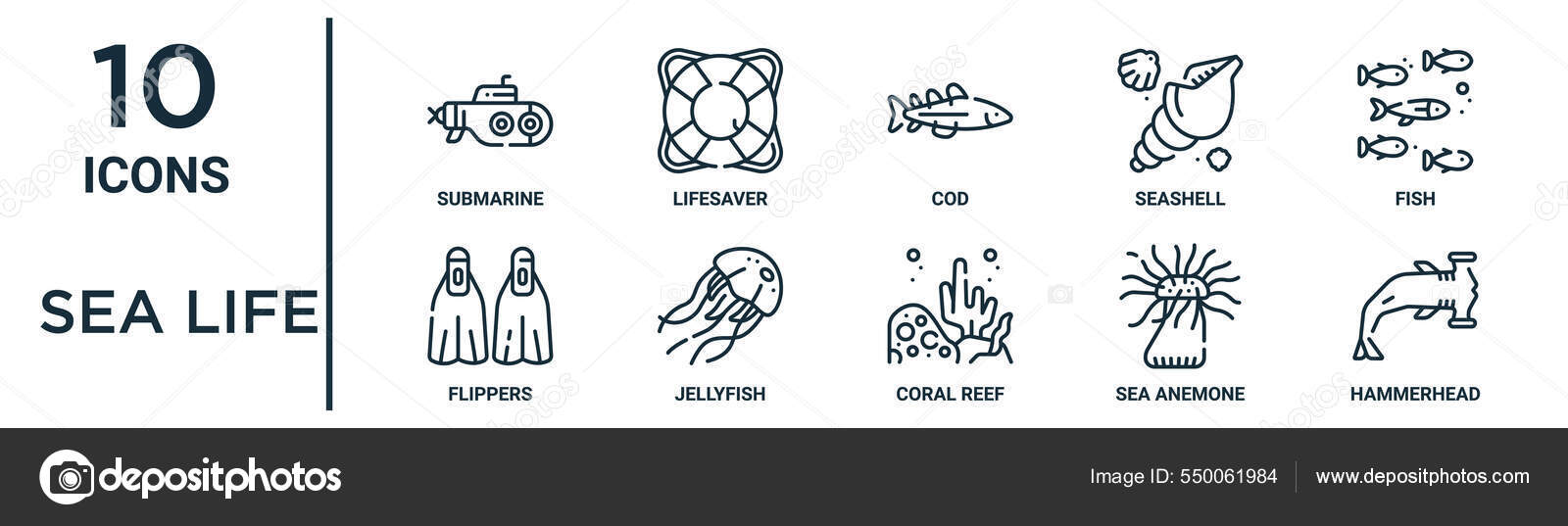Sea Life Outline Icon Set Includes Thin Line Submarine Cod Stock Vector ...