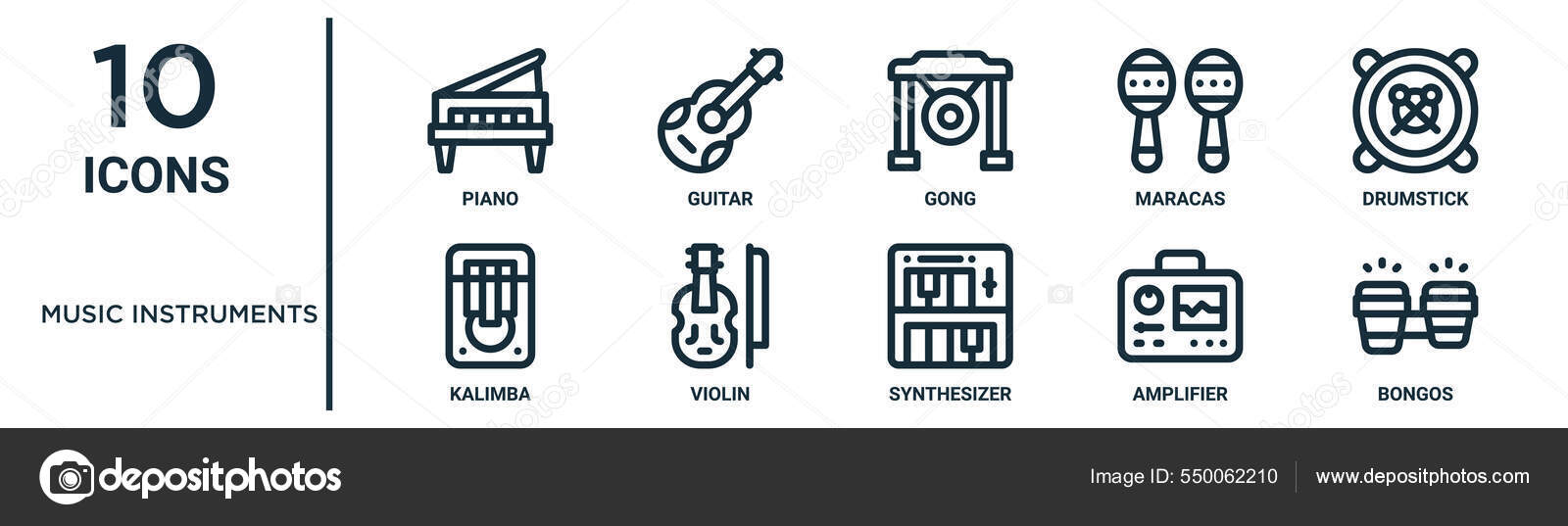 Music Instruments Outline Icon Set Includes Thin Line Piano Gong Stock ...