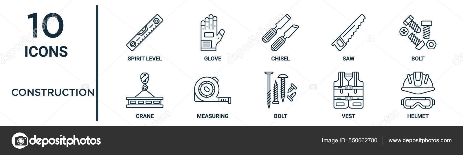 Construction Outline Icon Set Includes Thin Line Spirit Level Chisel Stock Vector By ©free