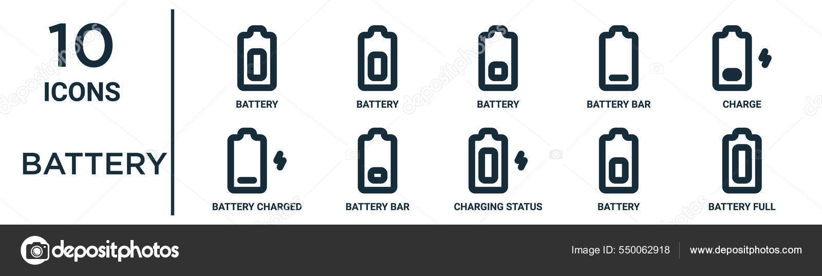 Battery Outline Icon Set Includes Thin Line Battery Battery Charge ...