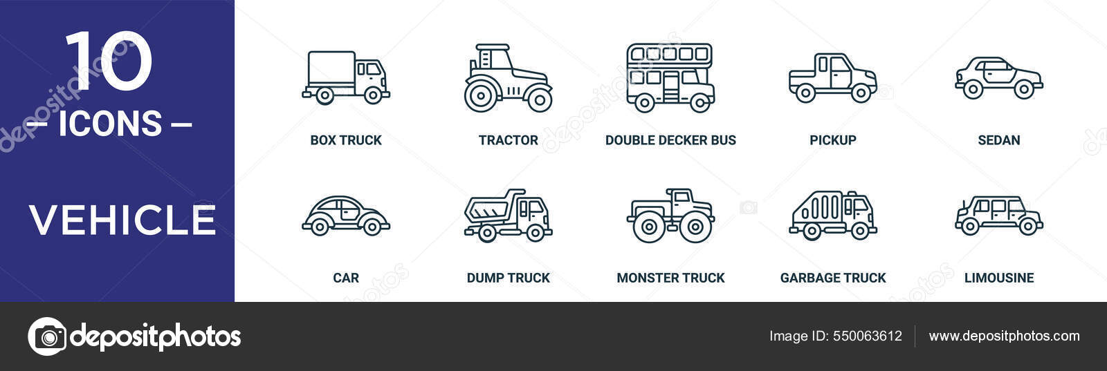 Vehicle Outline Icon Set Includes Thin Line Box Truck Double Stock ...