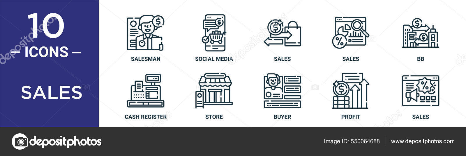 Sales Outline Icon Set Includes Thin Line Salesman Sales Store Stock ...