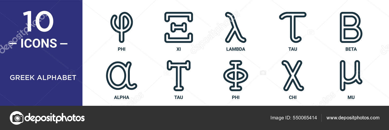 Greek Alphabet Outline Icon Set Includes Thin Line Phi Lambda Stock ...