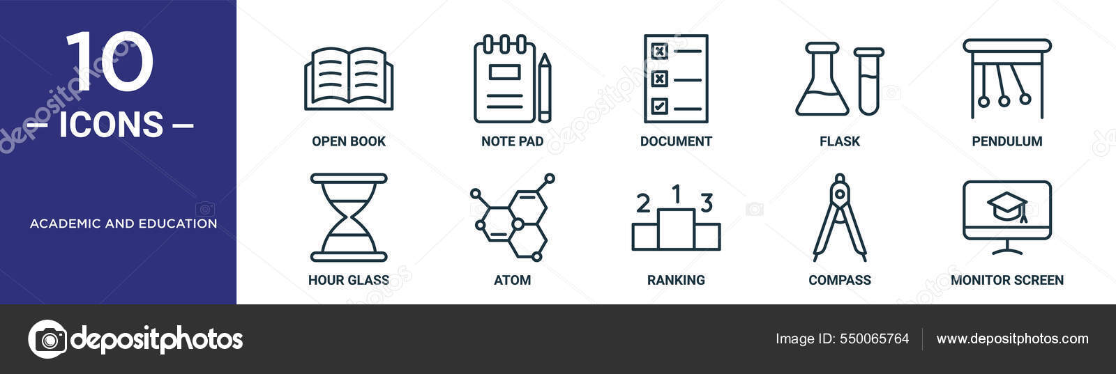 Academic Education Outline Icon Set Includes Thin Line Open Book Stock ...