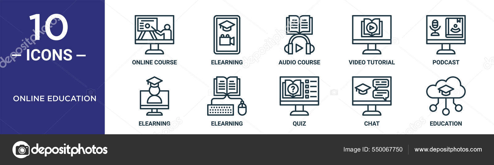 Online Education Outline Icon Set Includes Thin Line Online Course ...