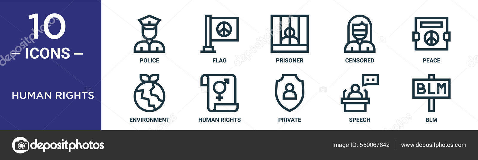Human Rights Outline Icon Set Includes Thin Line Police Prisoner Stock ...