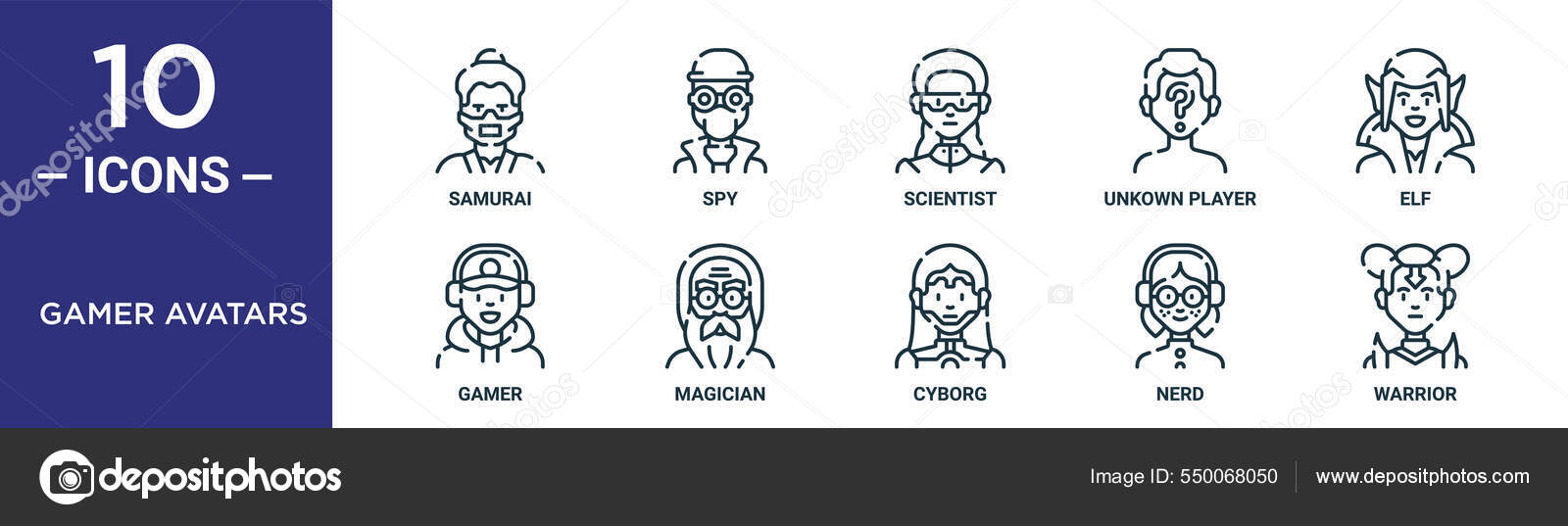 Gamer Avatars Outline Icon Set Includes Thin Line Samurai Scientist ...