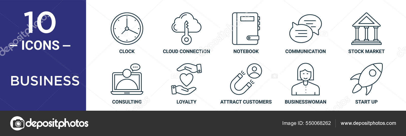 Business Outline Icon Set Includes Thin Line Clock Notebook Stock Stock ...