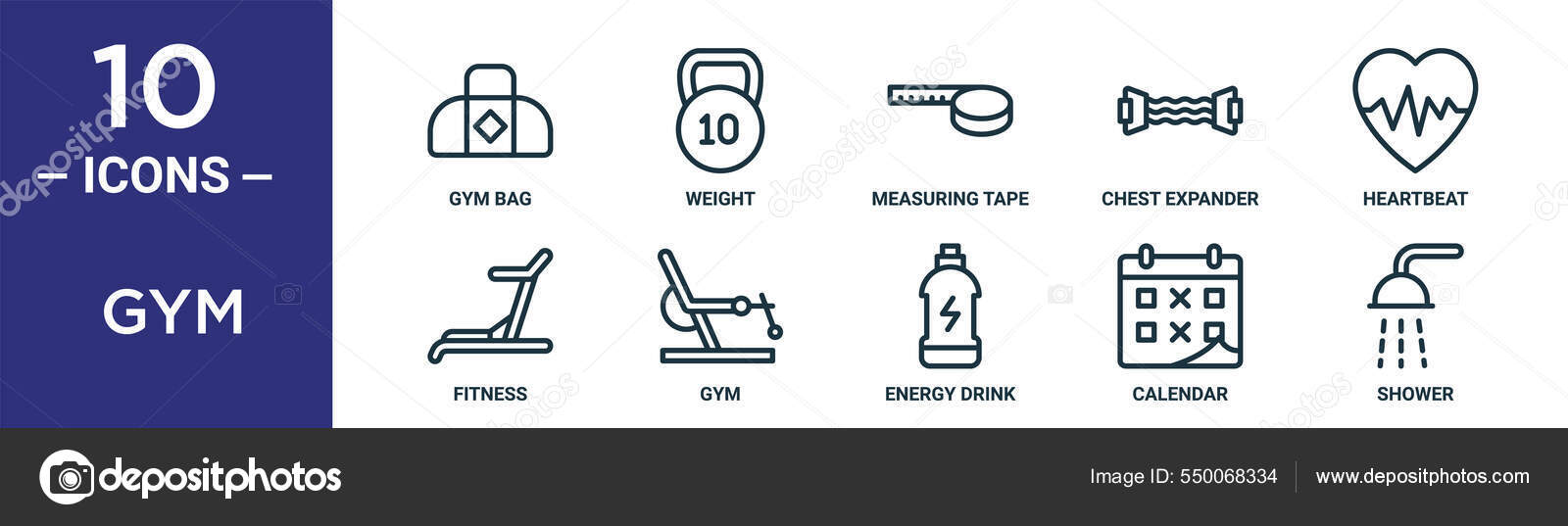 Gym Outline Icon Set Includes Thin Line Gym Bag Measuring Stock Vector ...