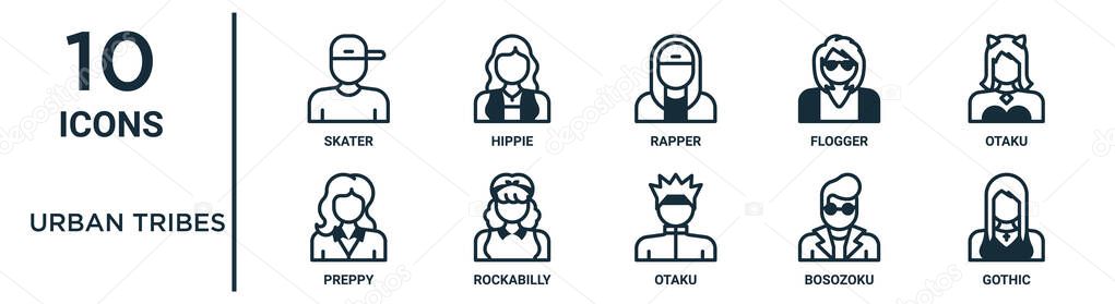 urban tribes outline icon set includes thin line skater, rapero, otaku, rockabilly, bosozoku ...