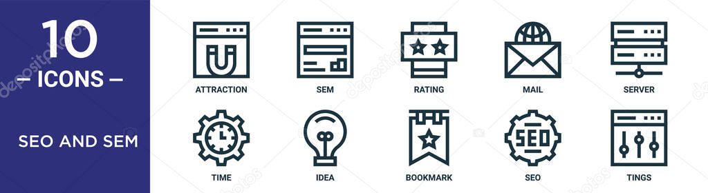 seo y sem conjunto de iconos esquema incluye atracción de línea delgada ...